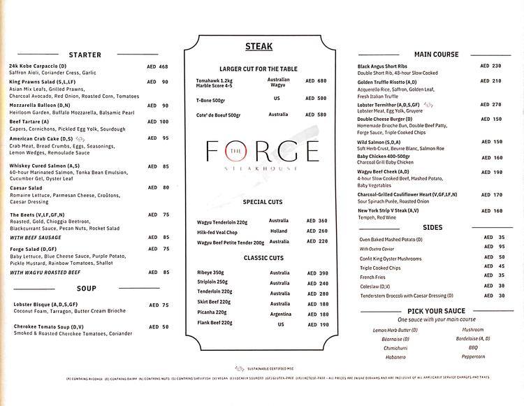 Menu of The Forge, Al Maqtaa, Abu Dhabi