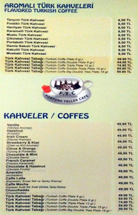 Menu at Taksim Melekler Kahvesi, Istanbul