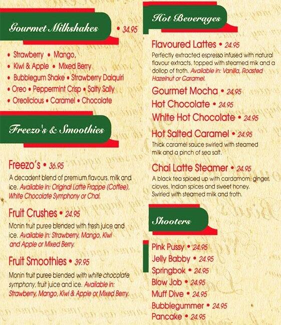 Menu at Cianos Rosettenville restaurant, Johannesburg