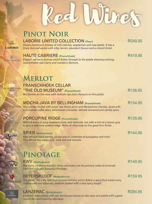 Menu at Cianos Rosettenville restaurant, Johannesburg