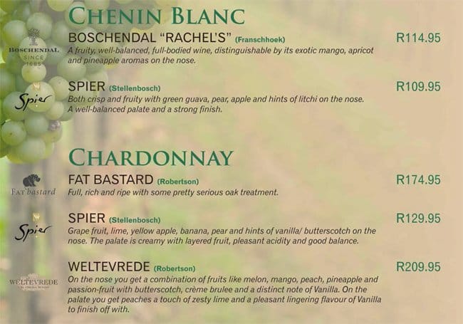 Menu at Cianos Rosettenville restaurant, Johannesburg