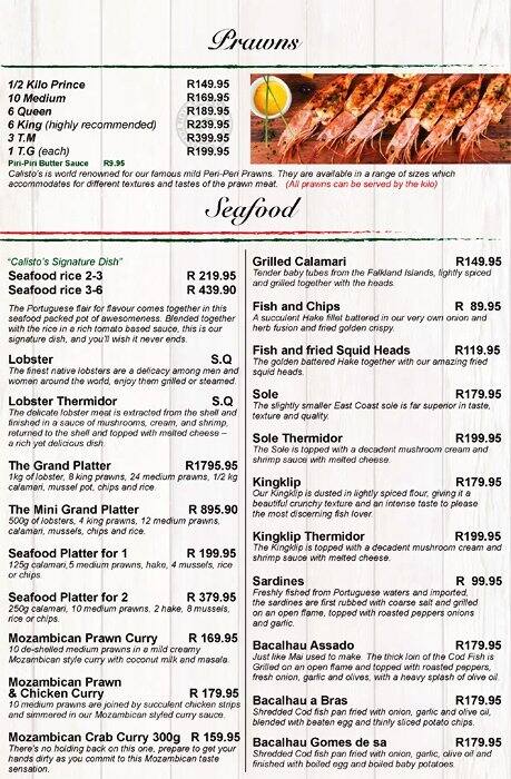 Menu at Cianos Rosettenville restaurant, Johannesburg