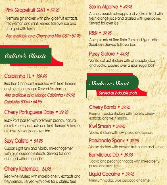 Menu at Cianos Rosettenville restaurant, Johannesburg
