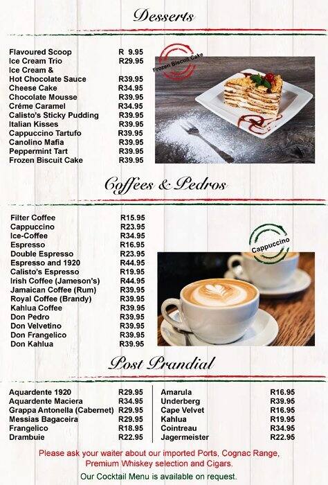 Menu at Cianos Rosettenville restaurant, Johannesburg
