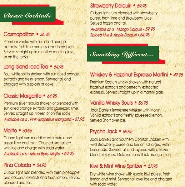 Menu at Cianos Rosettenville restaurant, Johannesburg