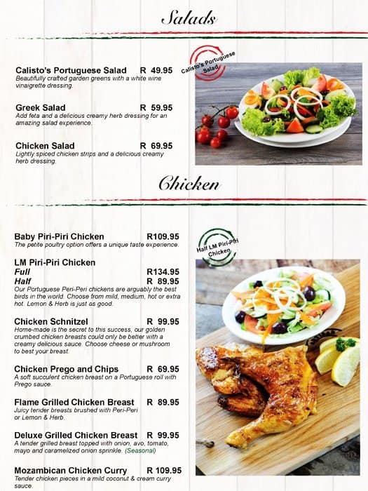 Menu at Cianos Rosettenville restaurant, Johannesburg