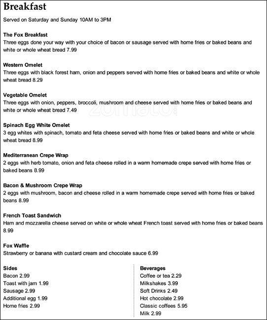 Menu at Fox & Fiddle Danforth pub & bar, Toronto, 535 Danforth Ave