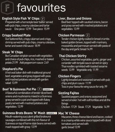 Menu at Fox & Fiddle Danforth pub & bar, Toronto, 535 Danforth Ave