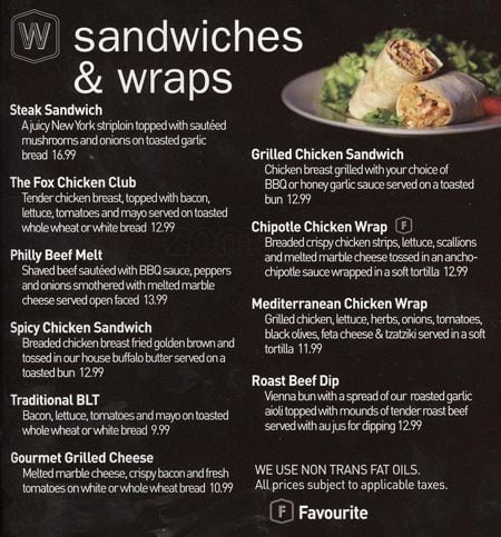 Menu at Fox & Fiddle Danforth pub & bar, Toronto, 535 Danforth Ave