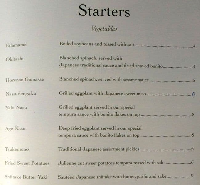 Menu at Inakaya restaurant, Toronto