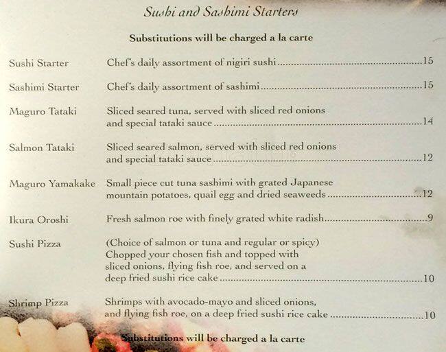 Menu at Inakaya restaurant, Toronto