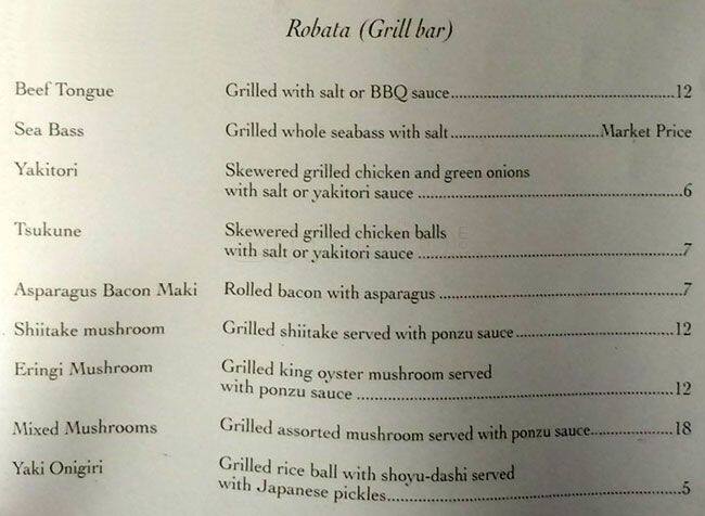 Menu at Inakaya restaurant, Toronto