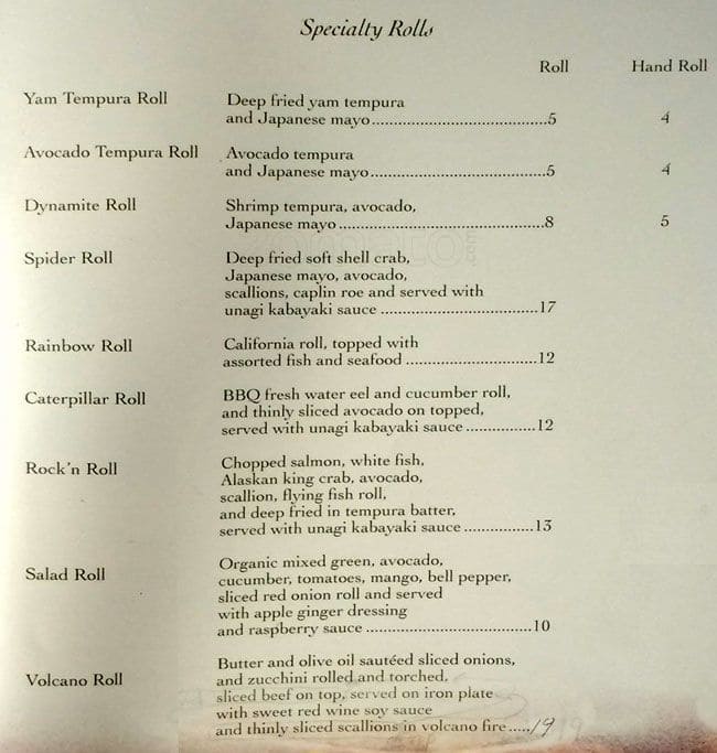 Menu at Inakaya restaurant, Toronto