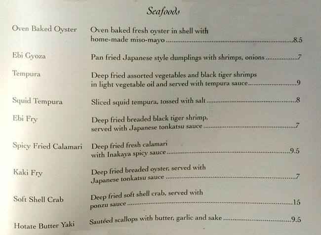 Menu at Inakaya restaurant, Toronto