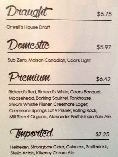 Menu at Orwell's Pub, Toronto