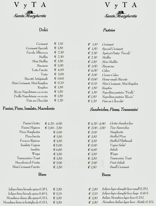 Menu at Vyta pub & bar, Rome, Stazione Roma Termini