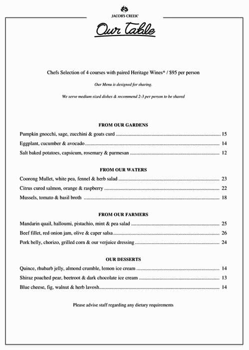 Menu at Our Table restaurant, Rowland Flat