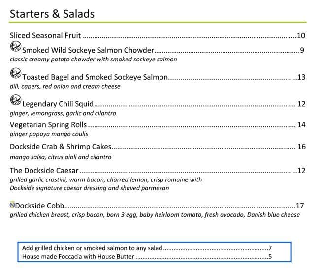 Menu at Dockside Restaurant, Vancouver
