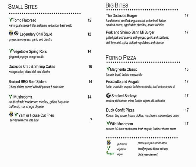 Menu at Dockside Restaurant, Vancouver