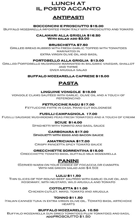 Menu at Il Posto Accanto pub & bar, New York City, 190 E 2nd St