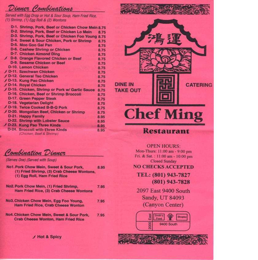 Menu at Chef Ming restaurant, Sandy