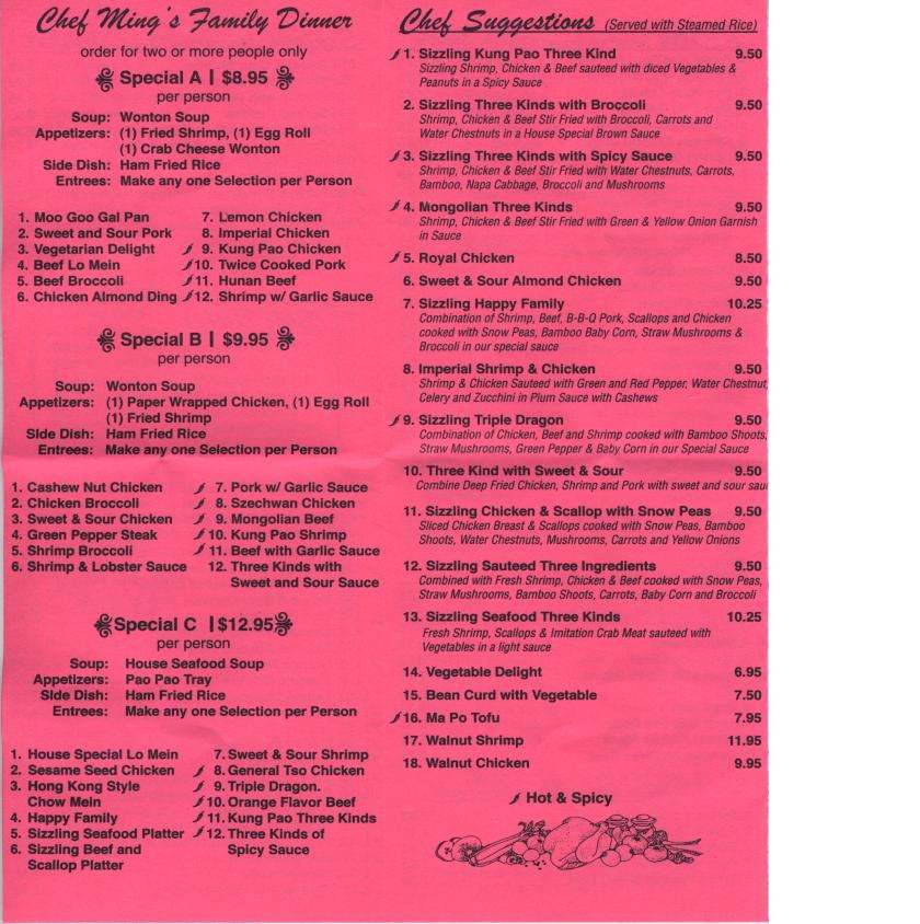 Menu at Chef Ming restaurant, Sandy