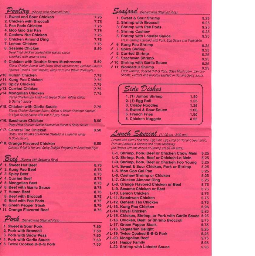 Menu at Chef Ming restaurant, Sandy