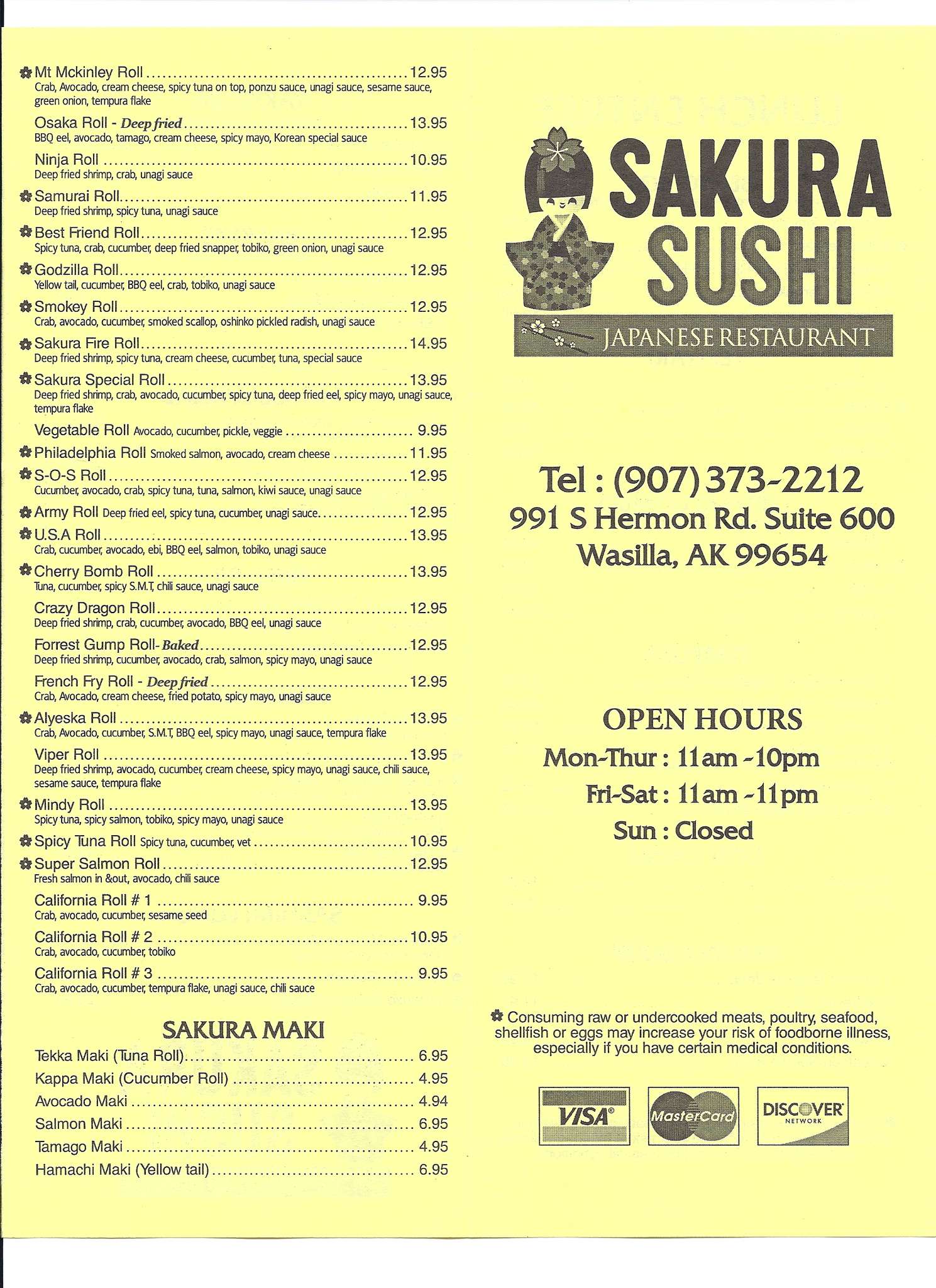 Menu at Sakura Sushi restaurant, Wasilla, 991 S Hermon Rd #600