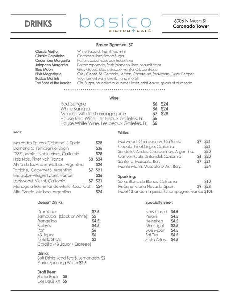 Menu at Basico Bistro Cafe, El Paso, N Mesa St #106