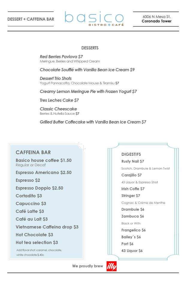 Menu at Basico Bistro Cafe, El Paso, N Mesa St #106