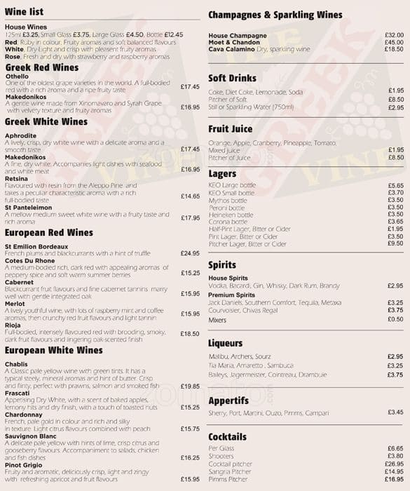 Menu at The Greek Vine restaurant, Esher, St. Leonards Rd