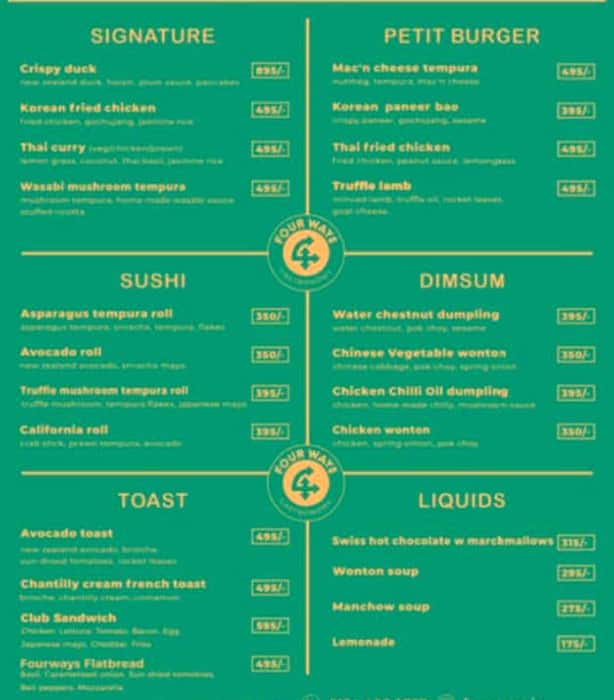 Menu of Fourways Gastronomy, DLF Phase 4, Gurgaon