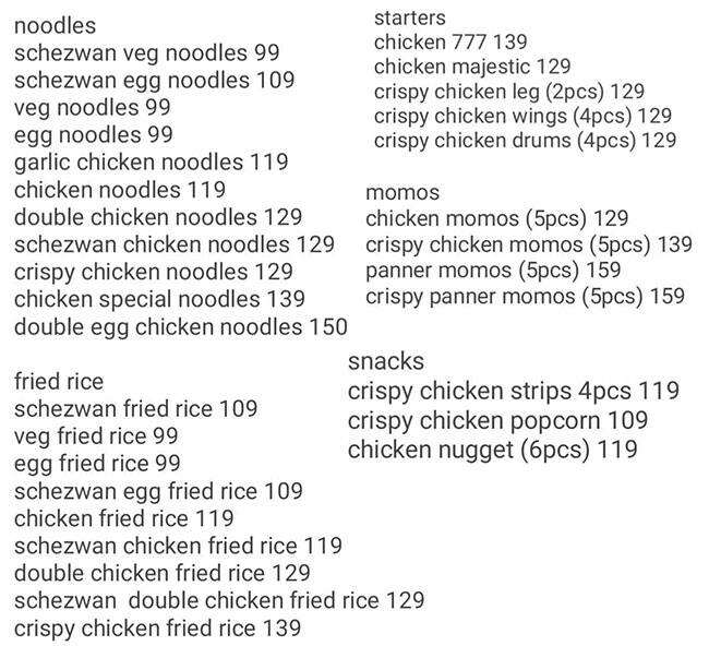 Menu of The Chinese Den, Jeedimetla, Hyderabad