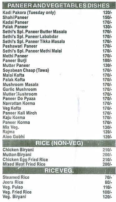 Sethi Restaurant Menu, Menu for Sethi Restaurant, Tilak Nagar, New ...