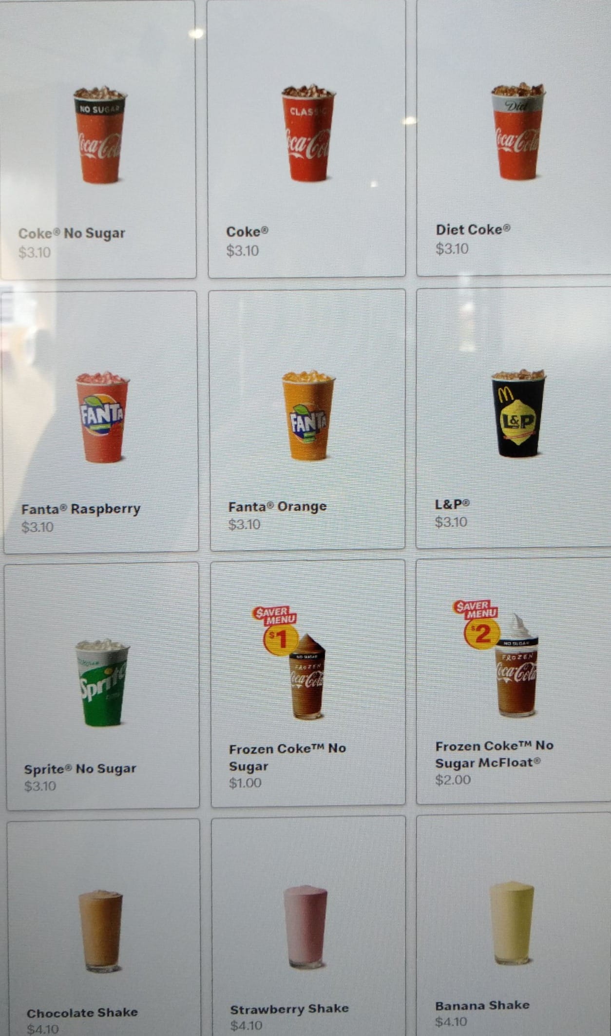 Menu at McDonald's restaurant, Auckland, /1161 Great N Rd