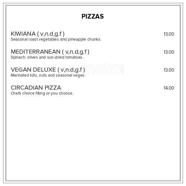 Menu at Circadian Rhythm Cafe, Dunedin