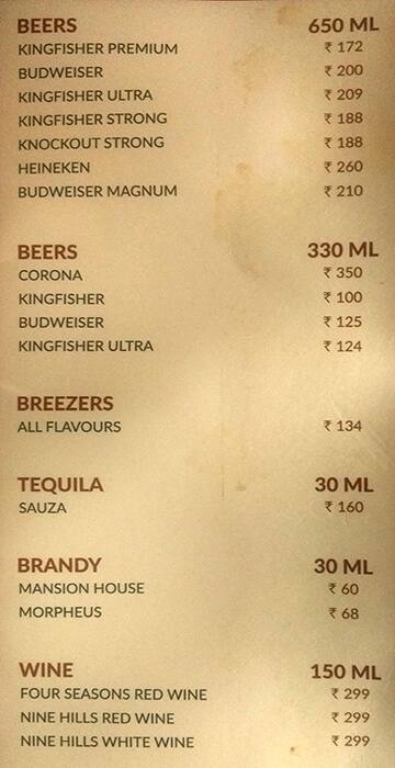Menu at Sports Cave, Hyderabad