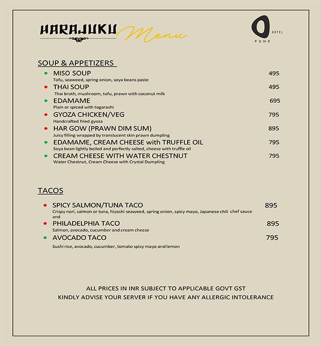 Menu of Harajuku - The O Hotel, Koregaon Park, Pune