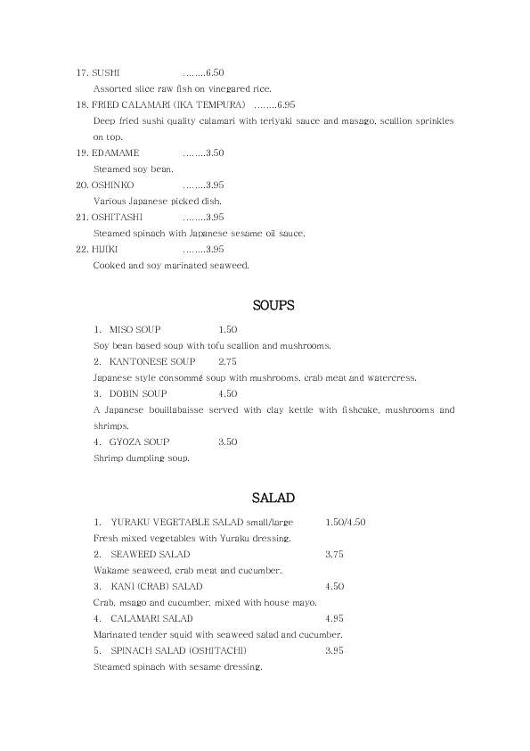 Menu at Yuraku Japanese Restaurant - Germantown, MD, Germantown