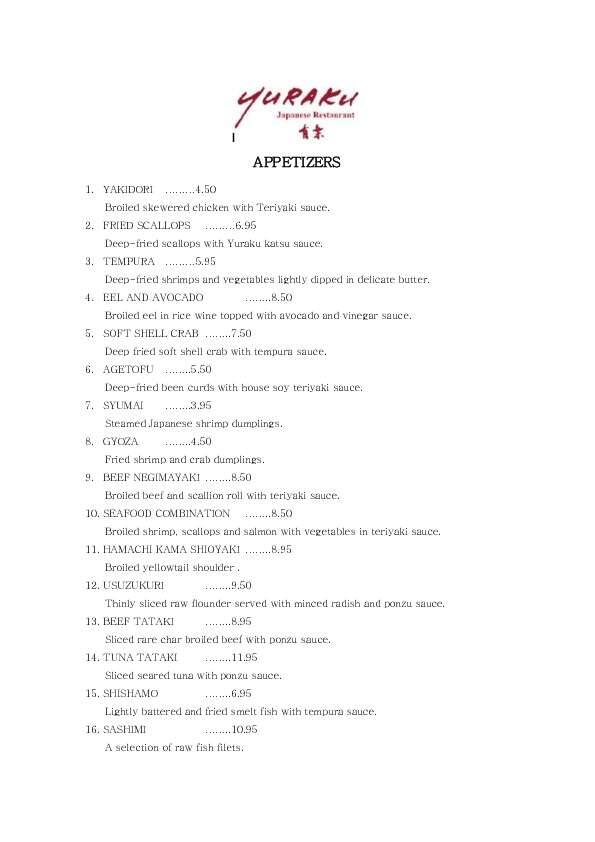 Menu at Yuraku Japanese Restaurant - Germantown, MD, Germantown