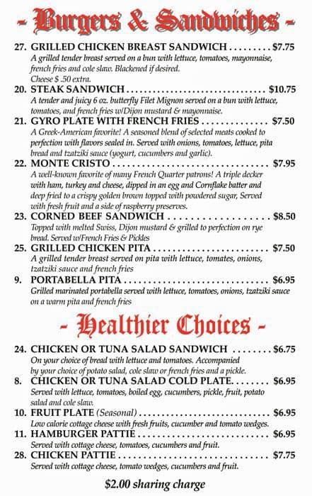 Menu at French Quarter restaurant, Charlotte