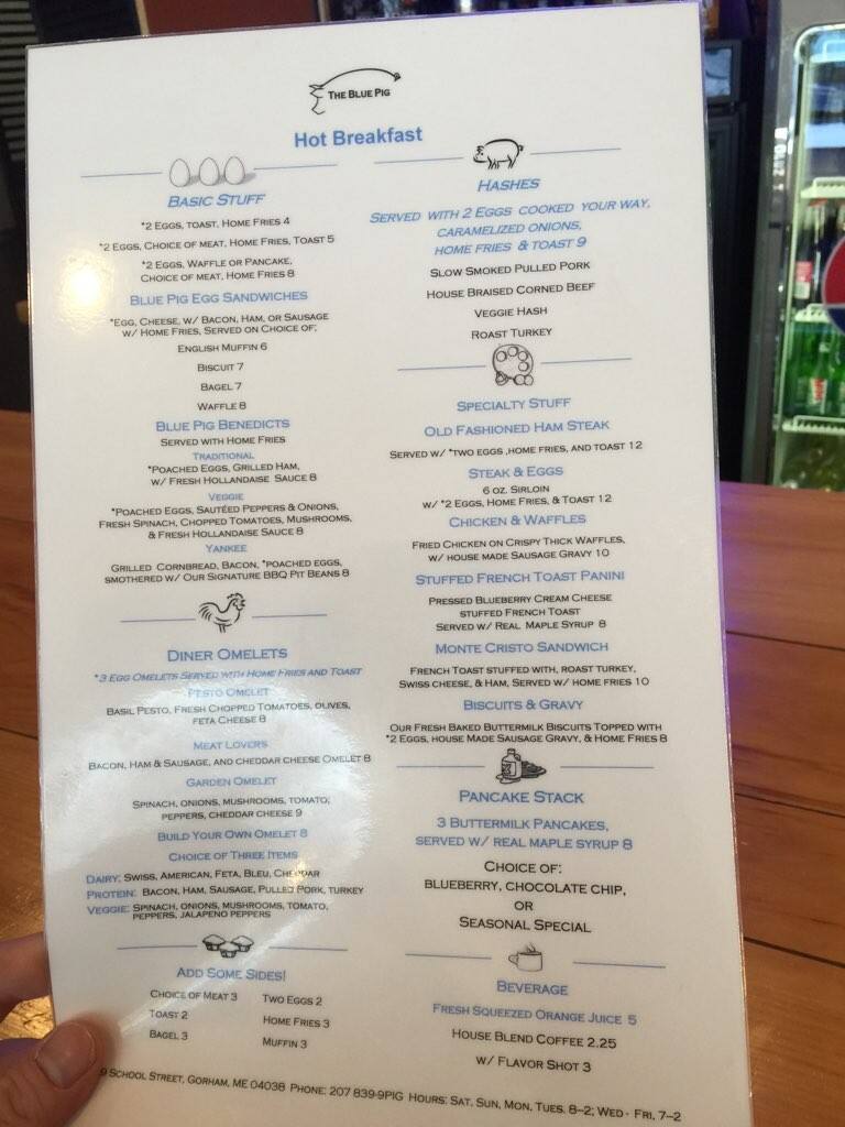Menu at Blue Pig Diner pub & bar, Gorham