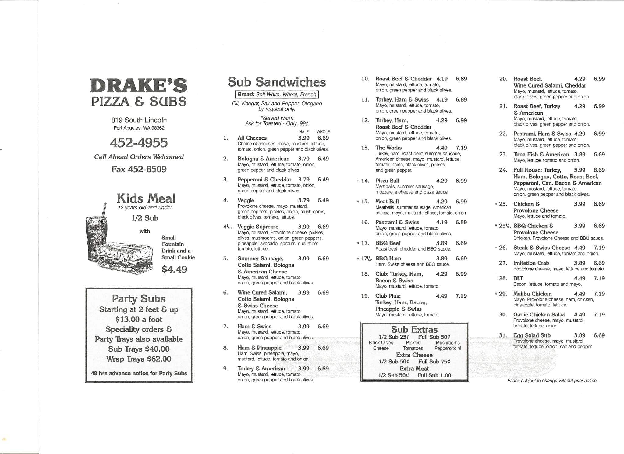 Menu at Drake's U-Bake Pizza & Subs pizzeria, Port Angeles