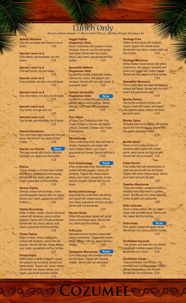 Menu at Cozumel Mexican Restaurant, Whitewater