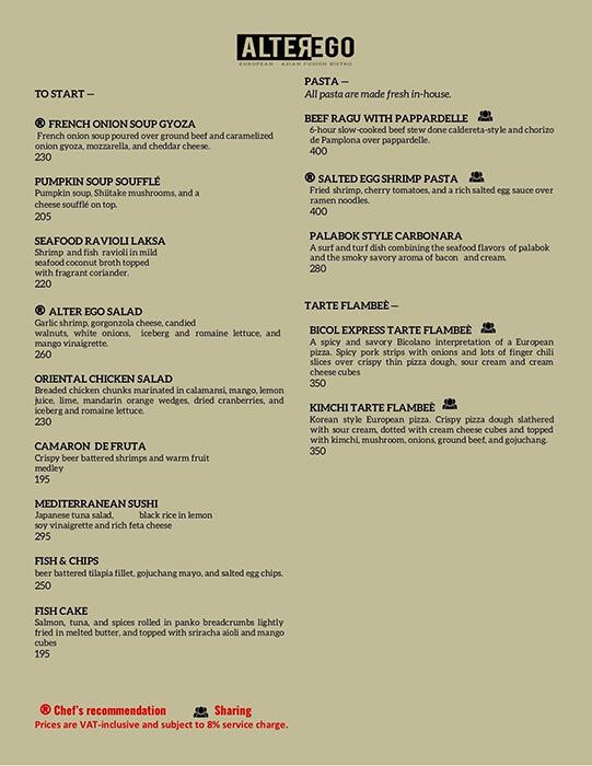 Menu at Alter Ego restaurant, Quezon City