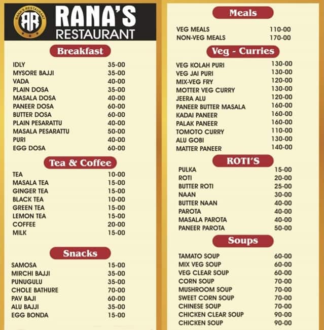 Menu at Rana's Restaurant, Hyderabad