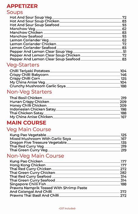 Menu of Hui Huang Kitchen, HSR, Bangalore