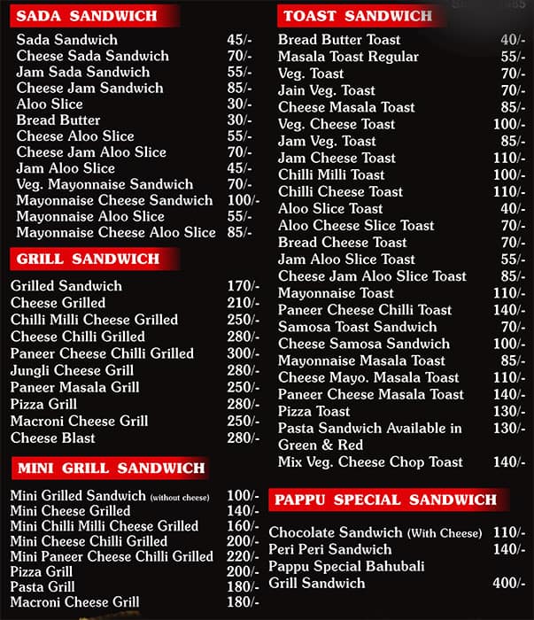 Menu of Pappu Sandwich, Malad East, Mumbai