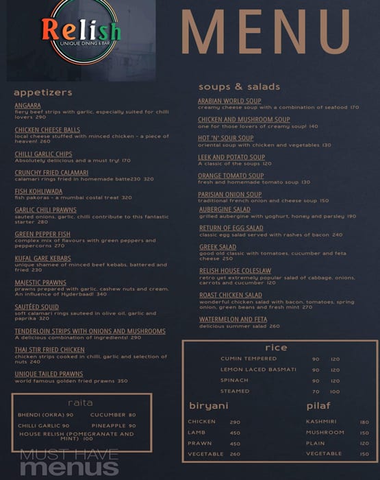 Menu of Relish Restaurant, Baga, Goa