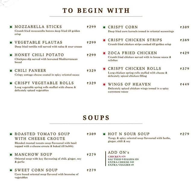 Menu of Zoca Diner, Indirapuram, Ghaziabad